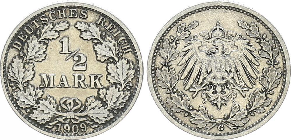 1909 G Deutsches Kaiserreich 1/2 Mark Silber ss | MA-Shops
