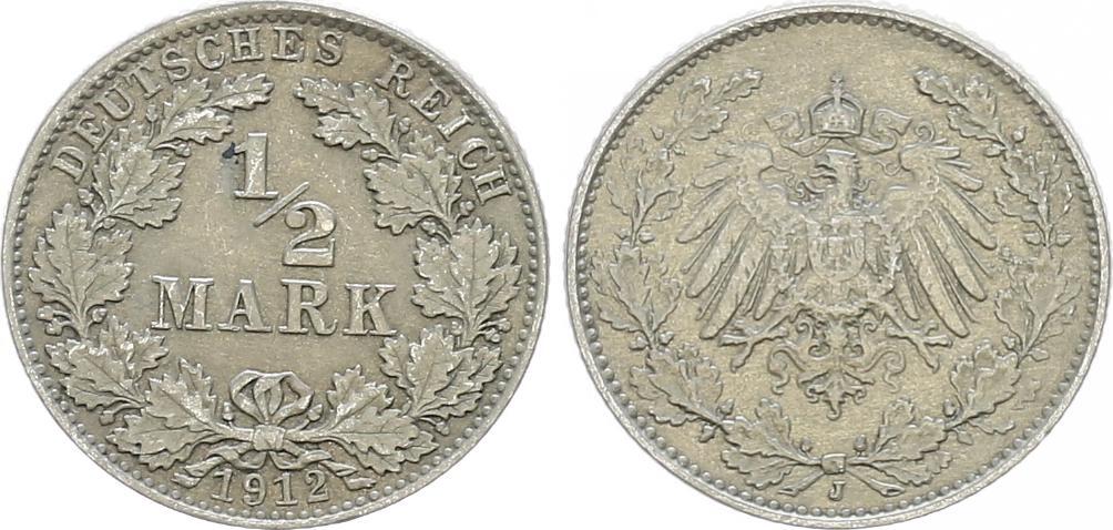 1912 J Deutsches Kaiserreich 1/2 Mark Silber ss+ | MA-Shops