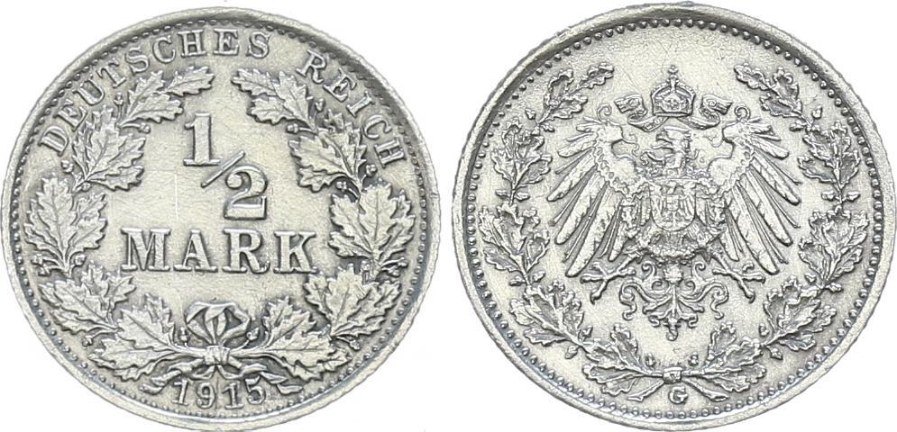 1915 G Deutsches Kaiserreich 1/2 Mark Silber ss-vz, berieben | MA-Shops