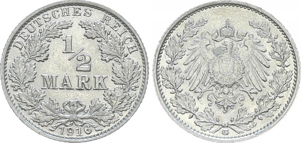 1916 G Deutsches Kaiserreich 1/2 Mark Silber prfr. | MA-Shops