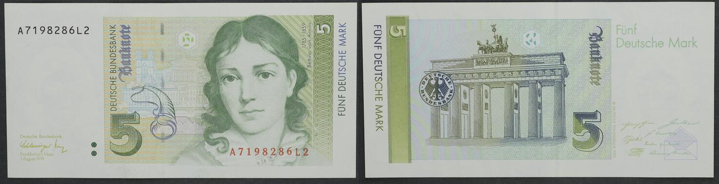 Deutschland - BRD 5 DM - 5 Deutsche Mark 1. August 1991 5 DM Banknote ...