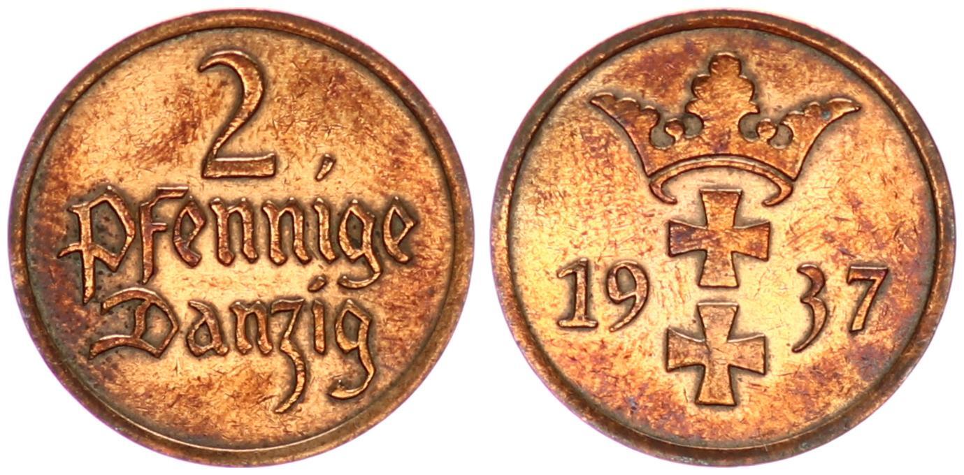 Polen / Deutschland - freie Stadt Danzig 2 Pfennig 1937, seltenes Jahr ...