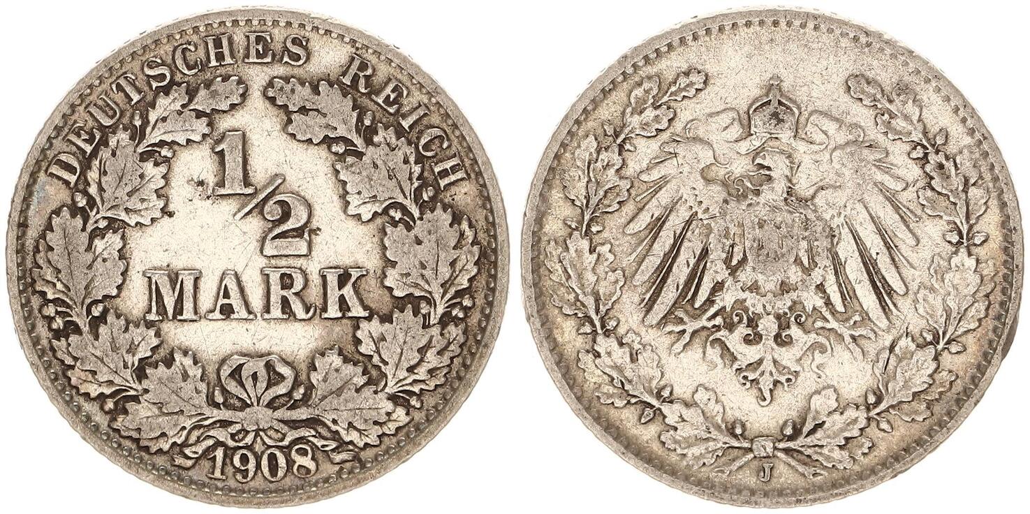 Kaiserreich Deutschland Deutsches Kaiserreich, 1/2 Mark Silber 1908 J ss | MA-Shops