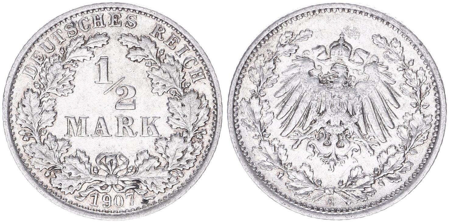 1907 E Deutsches Kaiserreich 1/2 Mark Silber ss+ | MA-Shops