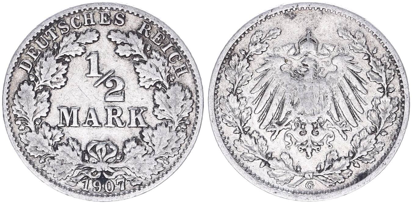 Kaiserreich Deutschland Deutsches Kaiserreich, 1/2 Mark Silber 1907 G fast ss | MA-Shops