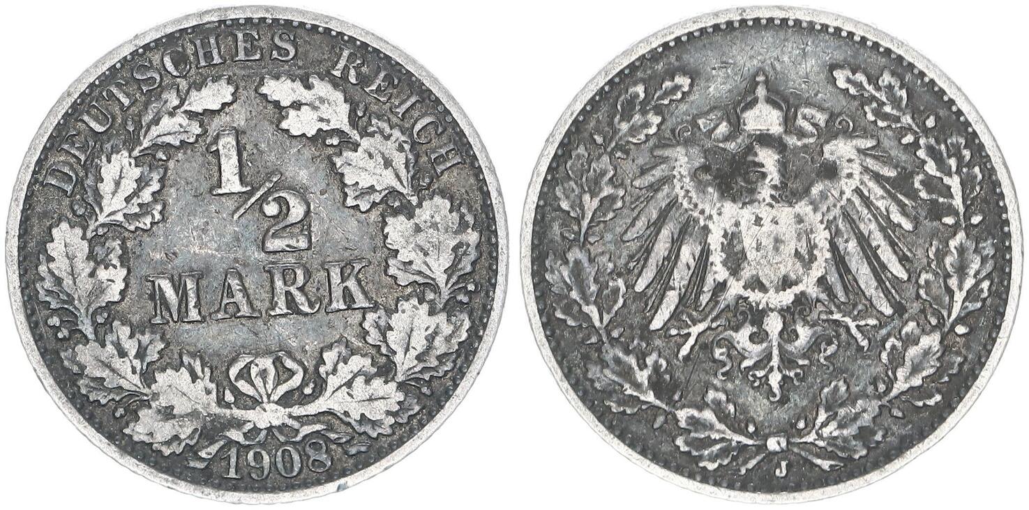 Kaiserreich Deutschland Deutsches Kaiserreich, 1/2 Mark Silber 1908 J fast ss | MA-Shops