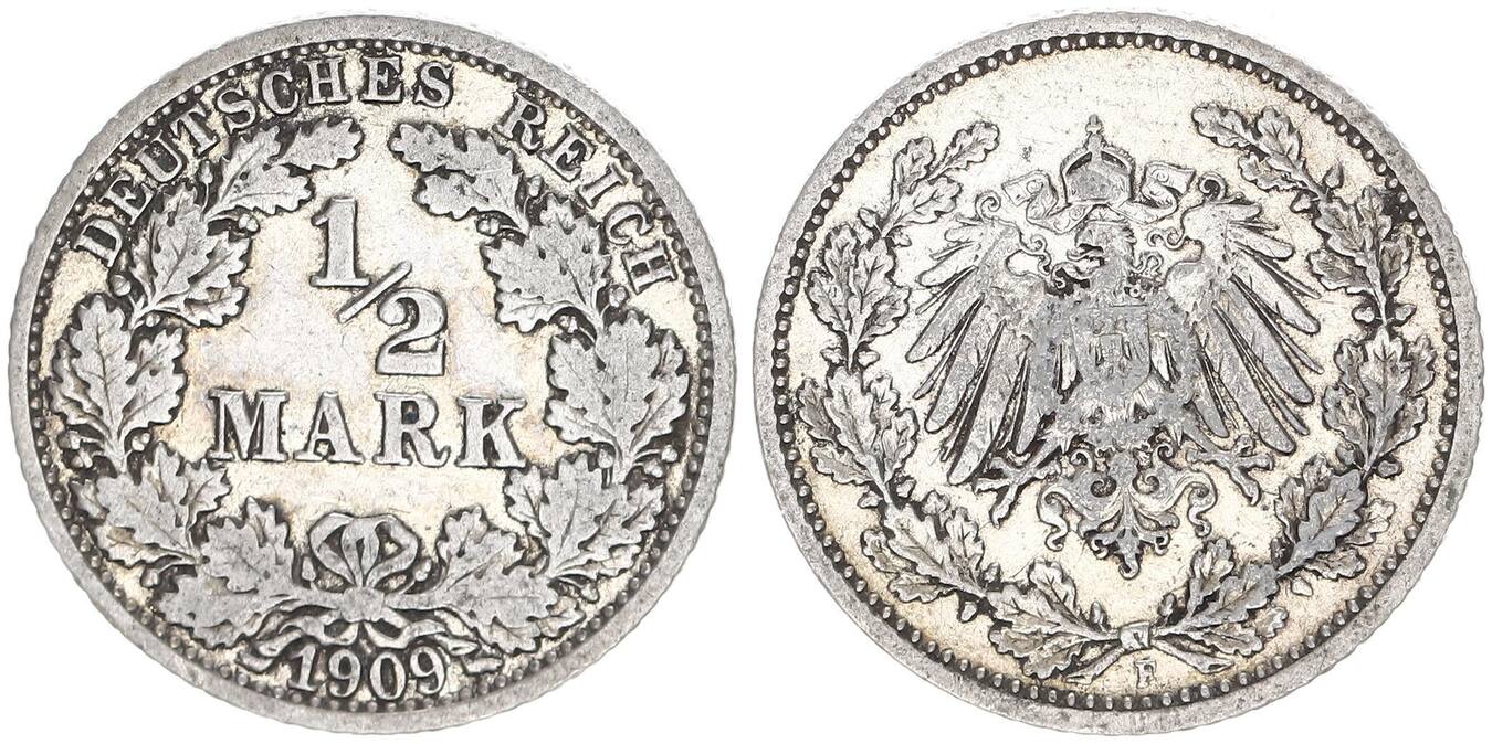 Kaiserreich Deutschland Deutsches Kaiserreich, 1/2 Mark Silber 1909 F ss-vz | MA-Shops