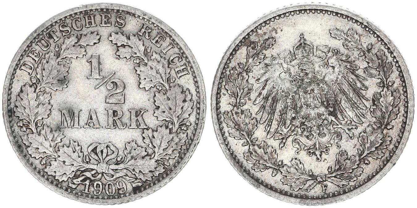 Kaiserreich Deutschland Deutsches Kaiserreich, 1/2 Mark Silber 1909 F ss+ | MA-Shops