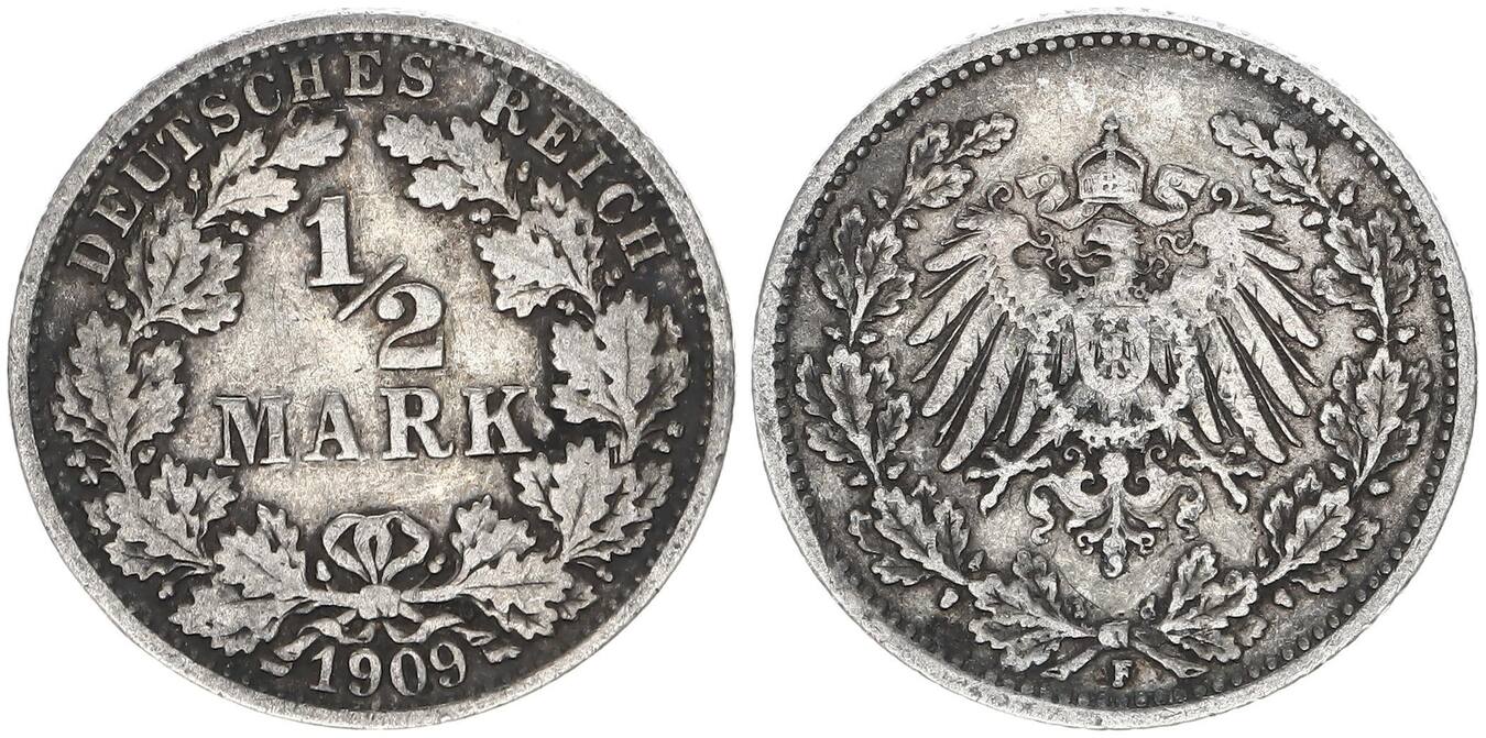 Kaiserreich Deutschland Deutsches Kaiserreich, 1/2 Mark Silber 1909 F ss | MA-Shops