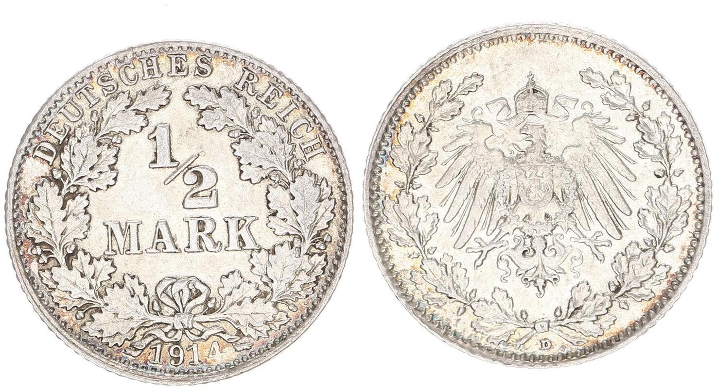 Kaiserreich Deutschland Deutsches Kaiserreich, 1/2 Mark Silber 1914 D kleine Auflage vz | MA-Shops