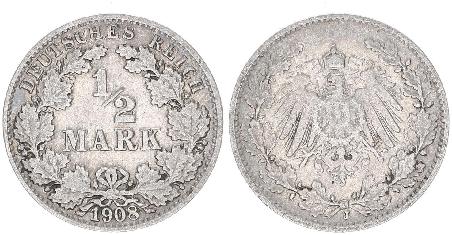 Kaiserreich Deutschland Deutsches Kaiserreich, 1/2 Mark Silber 1908 J ss | MA-Shops
