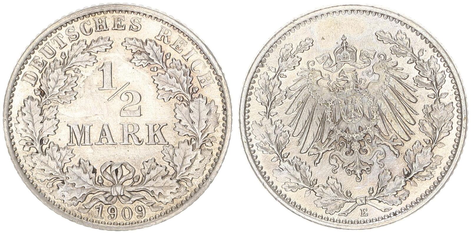 Kaiserreich Deutschland Deutsches Kaiserreich, 1/2 Mark Silber 1909 E vz-st aus Erstabschlag ...