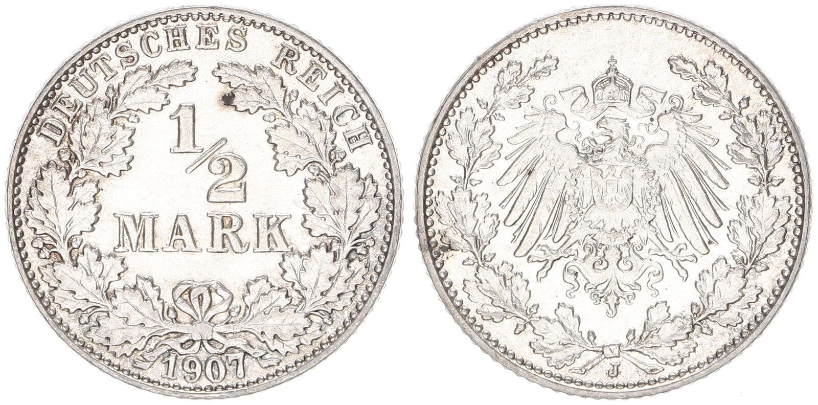 Kaiserreich Deutschland Deutsches Kaiserreich, 1/2 Mark Silber 1907 J fast Stempelglanz | MA-Shops