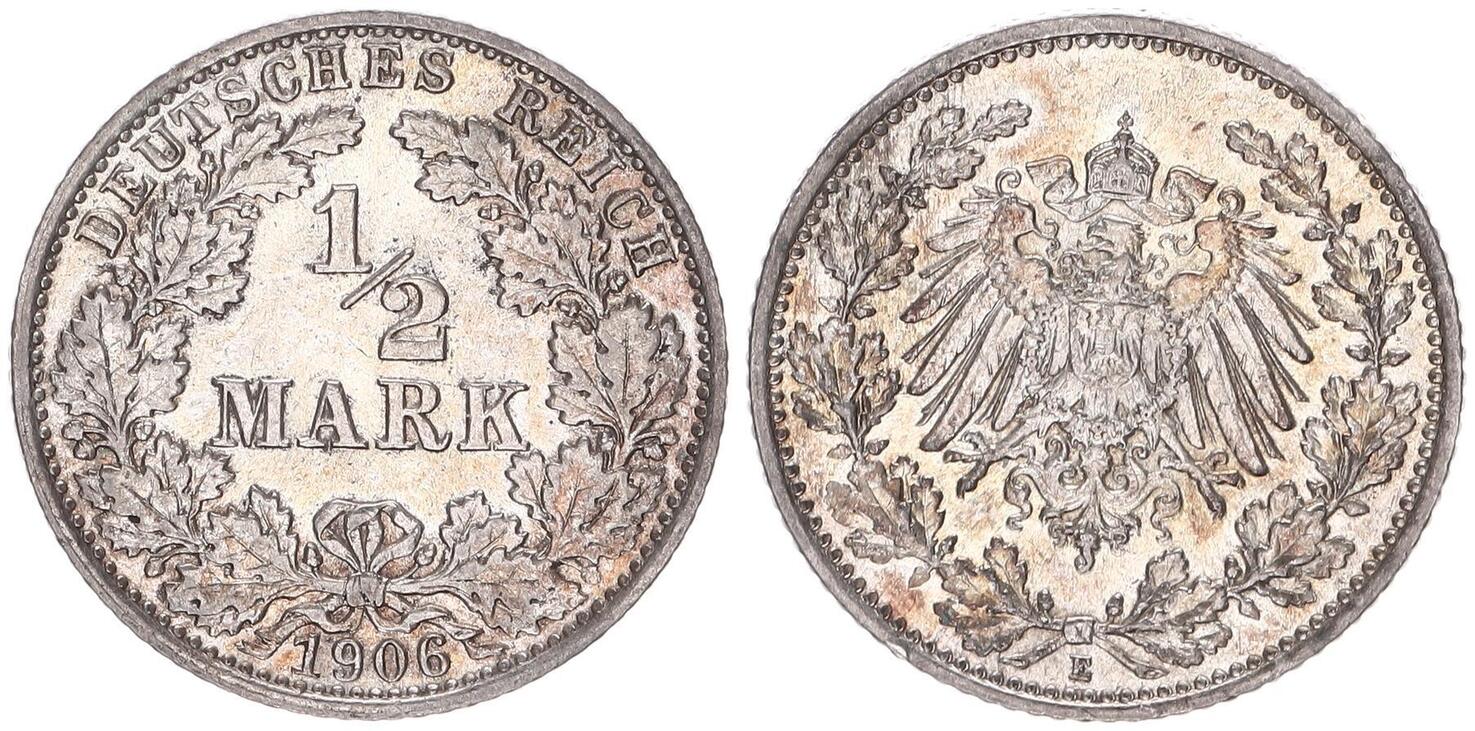 Kaiserreich Deutschland Deutsches Kaiserreich, 1/2 Mark Silber 1906 E fast Stempelglanz | MA-Shops