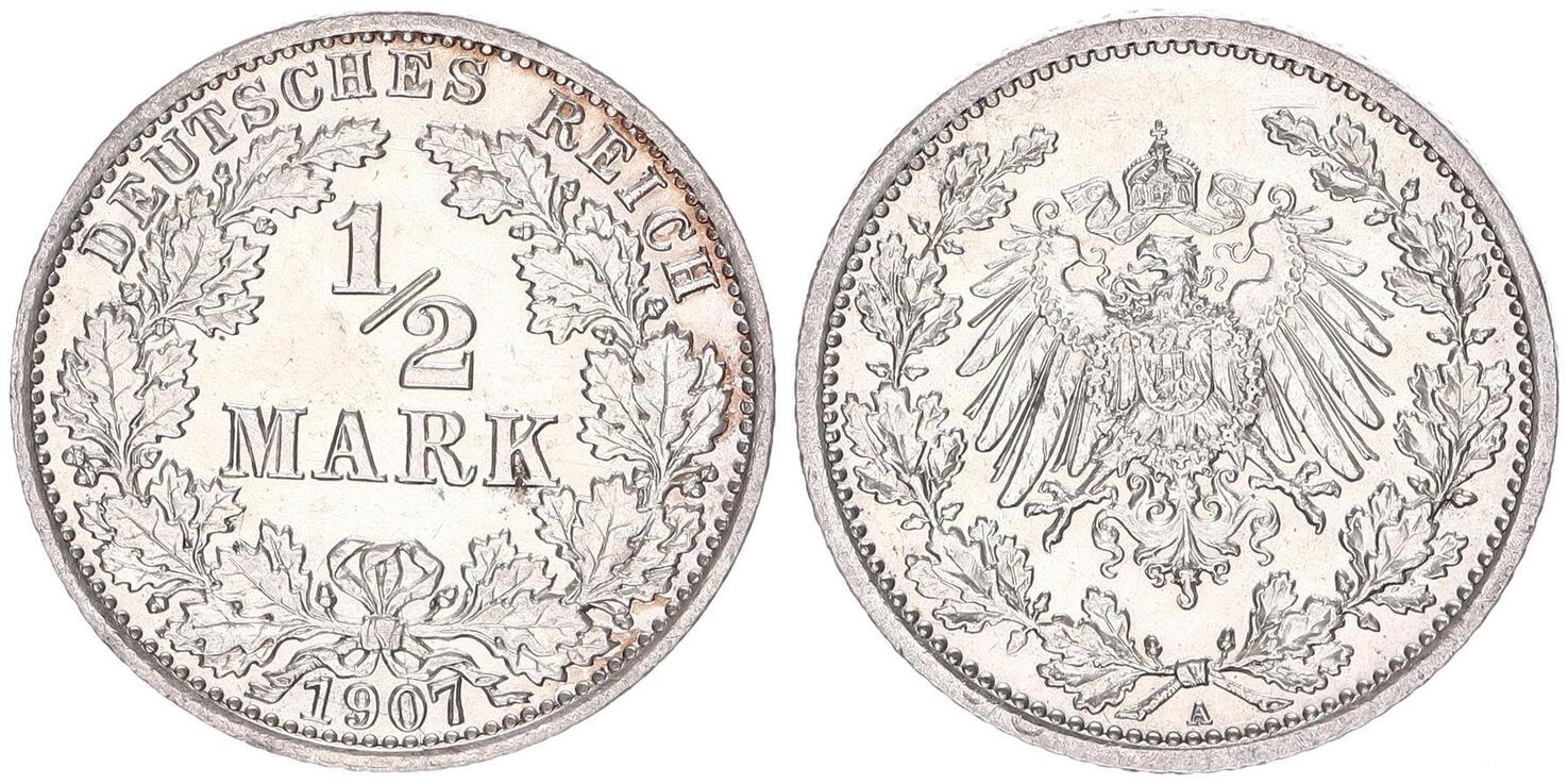Kaiserreich Deutschland Deutsches Kaiserreich, 1/2 Mark Silber 1907 A vz-st | MA-Shops