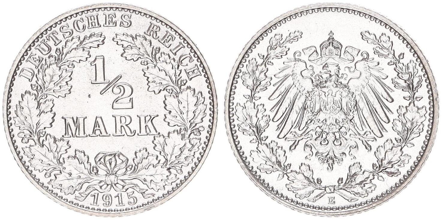 Kaiserreich Deutschland Deutsches Kaiserreich, 1/2 Mark Silber 1915 E prfr.-St. | MA-Shops