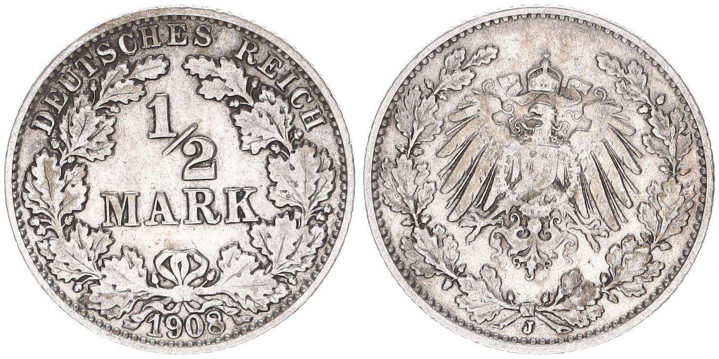 Kaiserreich Deutschland Deutsches Kaiserreich, 1/2 Mark Silber 1908 J ss | MA-Shops