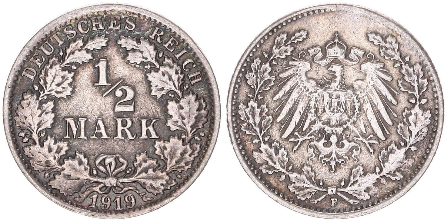Kaiserreich Deutschland Deutsches Kaiserreich, 1/2 Mark Silber 1919 F ss-vz | MA-Shops