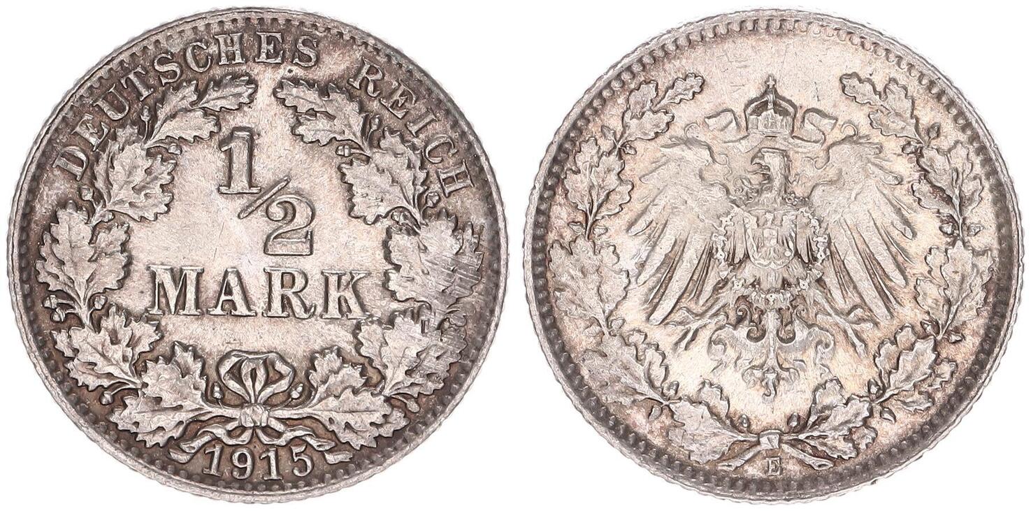 Kaiserreich Deutschland Deutsches Kaiserreich, 1/2 Mark Silber 1915 E fast Stempelglanz | MA-Shops