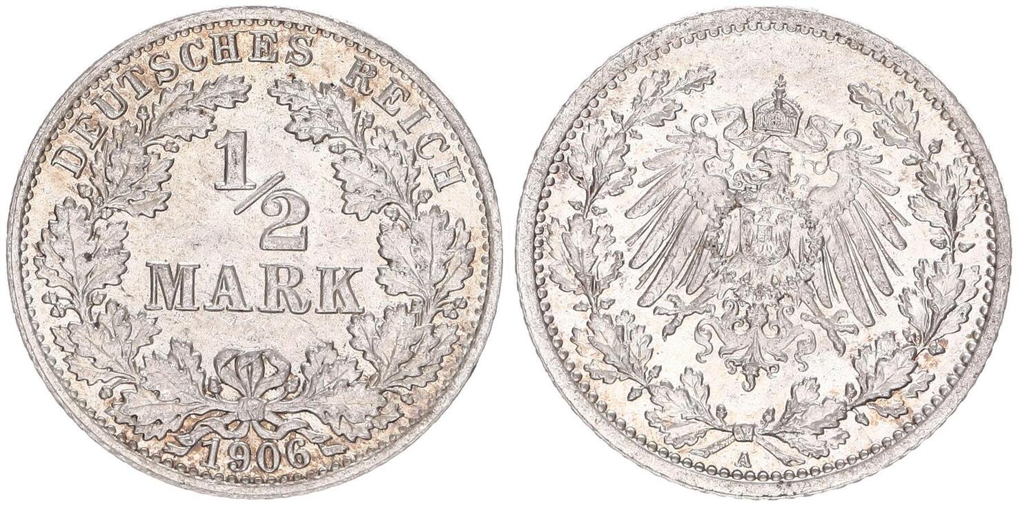 Kaiserreich Deutschland Deutsches Kaiserreich, 1/2 Mark Silber 1906 A prägefrisch-Stempelglanz ...