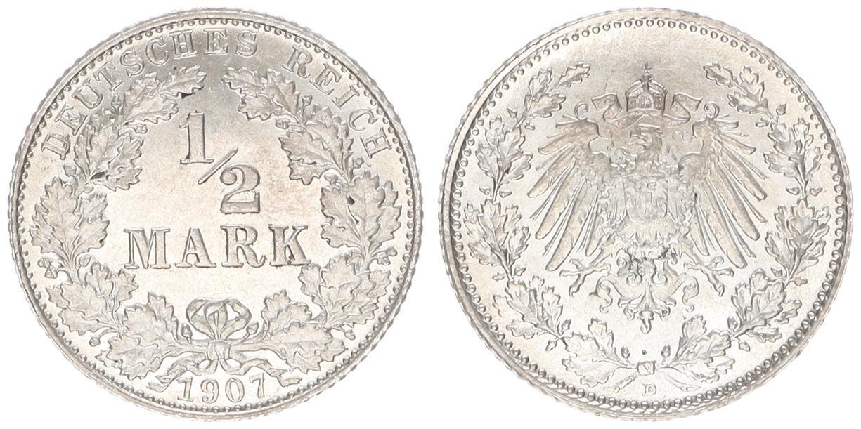 Kaiserreich Deutschland Deutsches Kaiserreich, 1/2 Mark Silber 1907 D Wertseite PP ähnliche ...