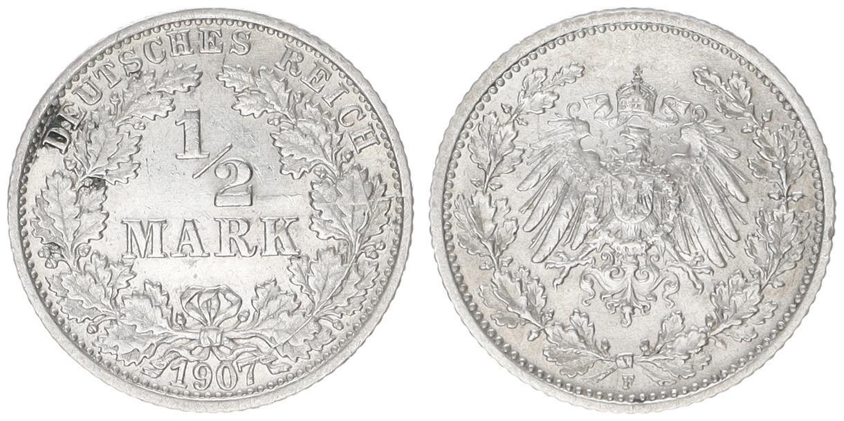 Kaiserreich Deutschland Deutsches Kaiserreich, 1/2 Mark Silber 1907 F fast vz | MA-Shops