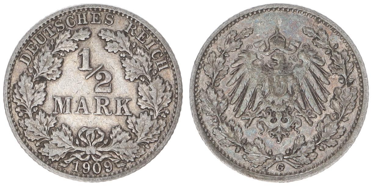 Kaiserreich Deutschland Deutsches Kaiserreich, 1/2 Mark Silber 1909 G ss-vz | MA-Shops