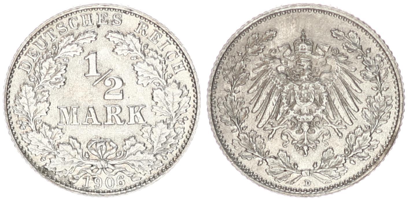 Kaiserreich Deutschland Deutsches Kaiserreich, 1/2 Mark Silber 1906 D fast Stempelglanz | MA-Shops