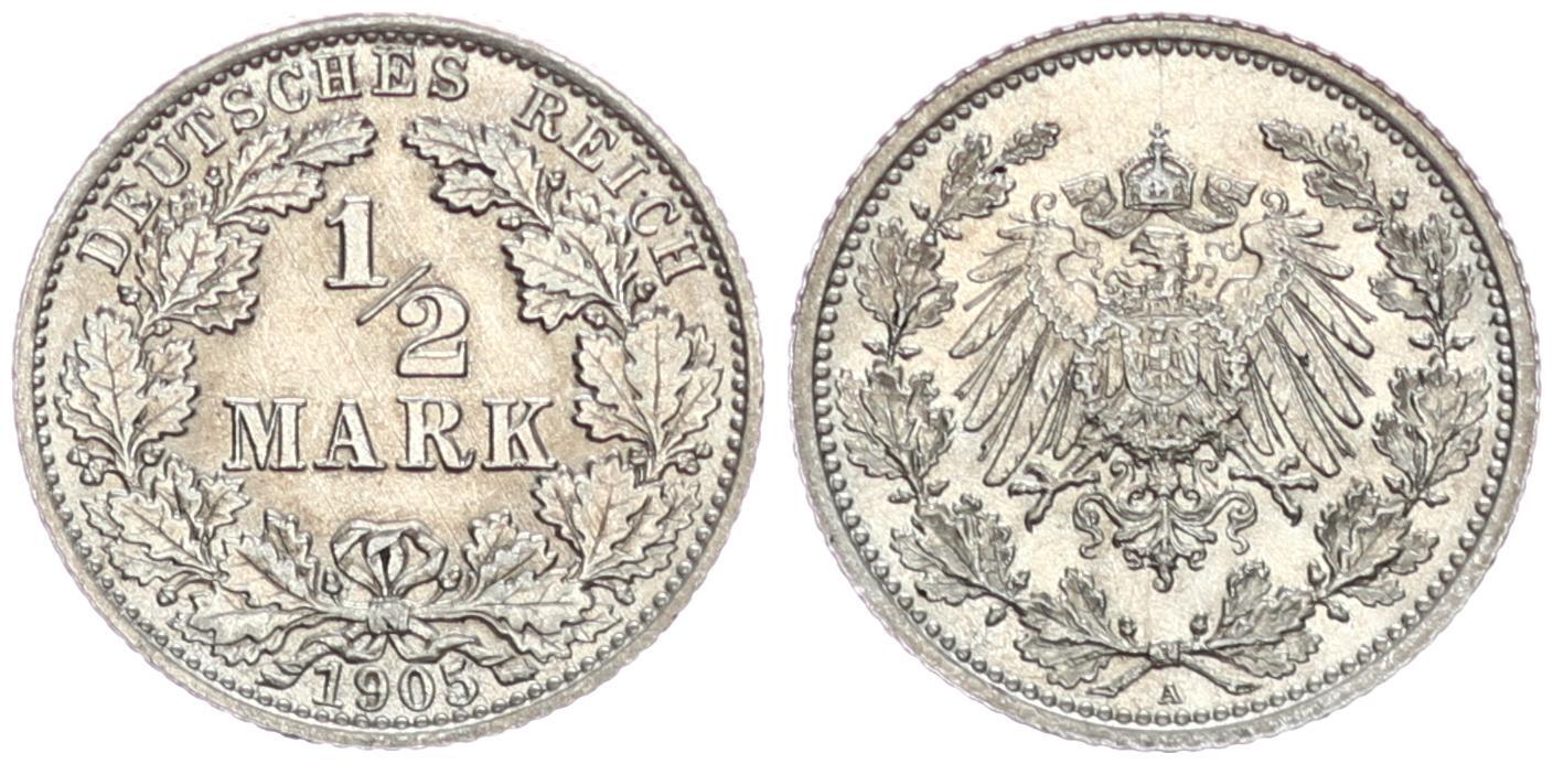 Deutsches Kaiserreich 1/2 Mark Halbe Mark 1905 A - Berlin - Silber (4) fast Stempelglanz | MA-Shops