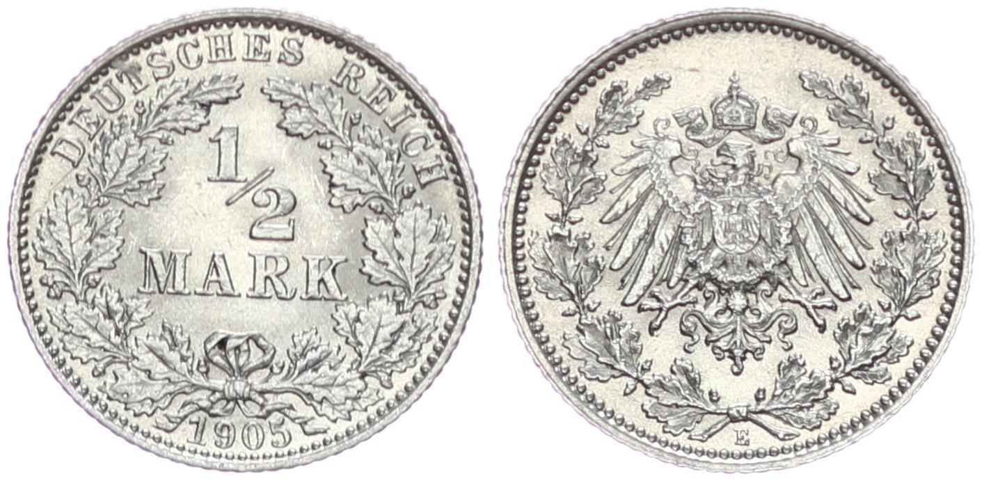 Deutsches Kaiserreich 1/2 Mark Halbe Mark 1905 E - Muldenhütten - Silber fast Stempelglanz | MA ...