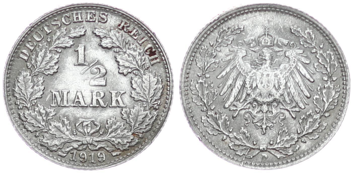 Deutsches Kaiserreich 1/2 Mark Halbe Mark 1919 D - München - Silber ss-vz | MA-Shops