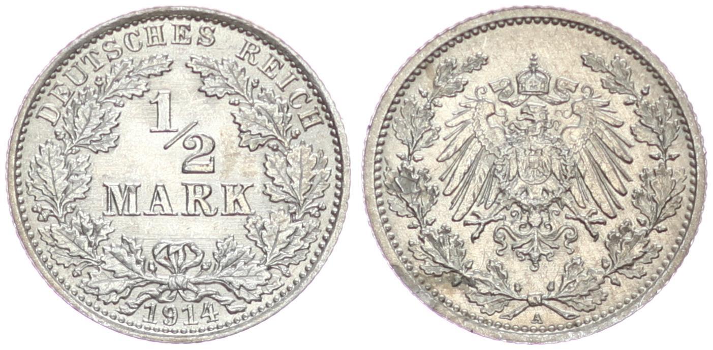 Deutsches Kaiserreich 1/2 Mark Halbe Mark 1914 A - Berlin - Silber fast Stempelglanz | MA-Shops
