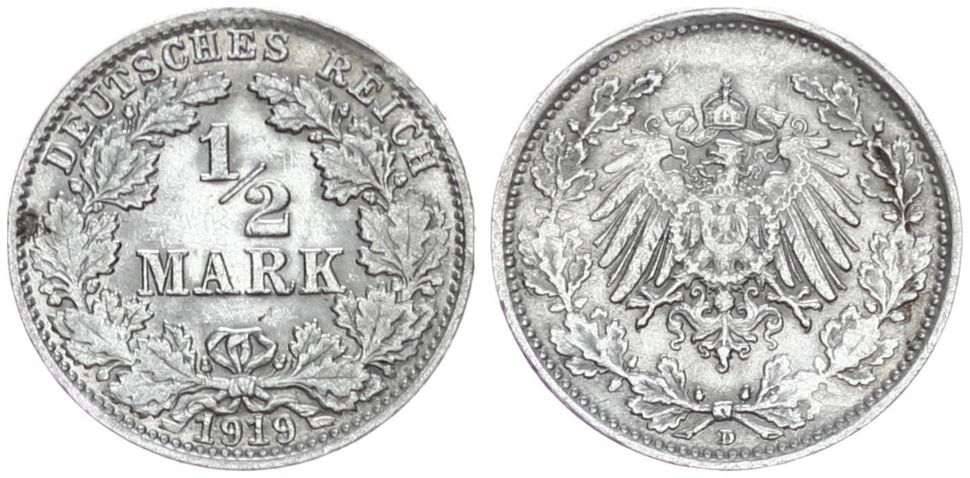 Deutsches Kaiserreich 1/2 Mark Halbe Mark 1919 D - Muldenhütten - Silber fast vz | MA-Shops