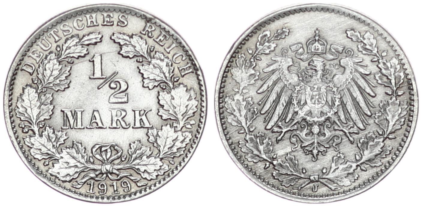 Deutsches Kaiserreich 1/2 Mark Halbe Mark 1919 J - Hamburg - Silber prägefrisch | MA-Shops