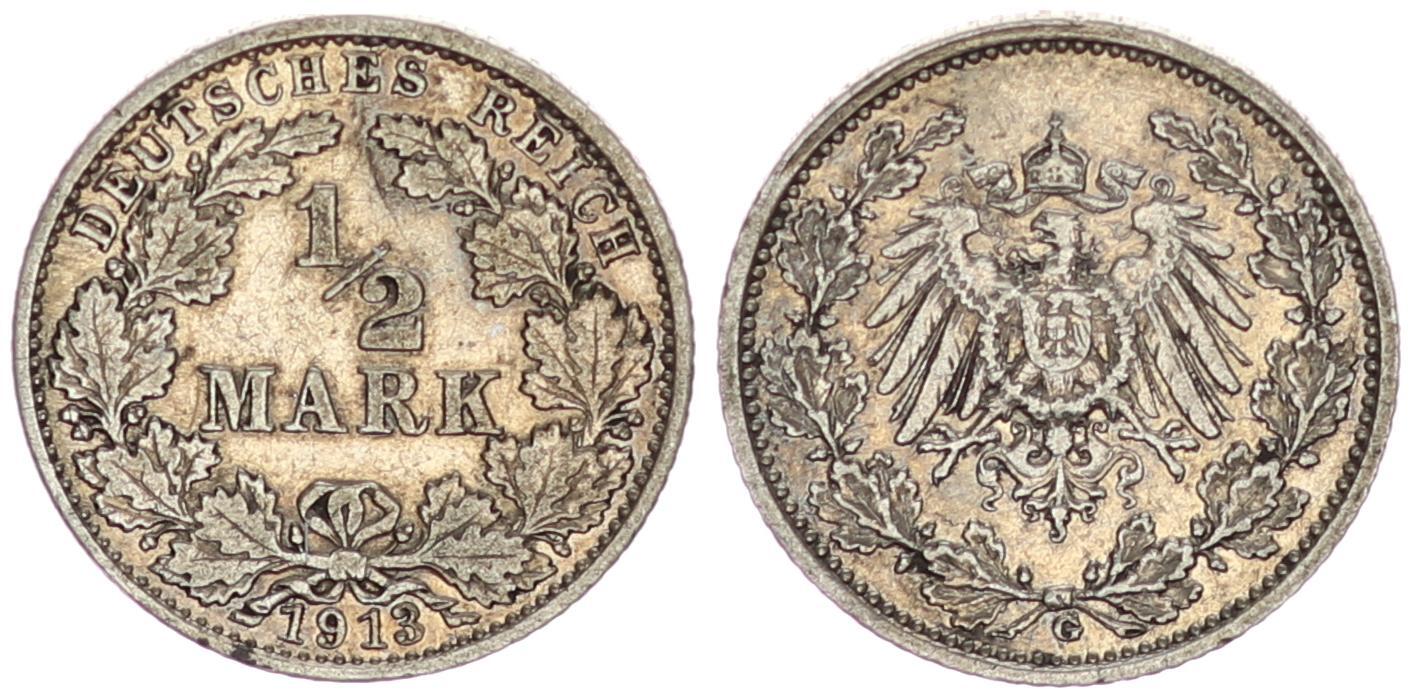 Deutsches Kaiserreich 1/2 Mark 1913 G Halbe Mark - Silber ss-vz | MA-Shops