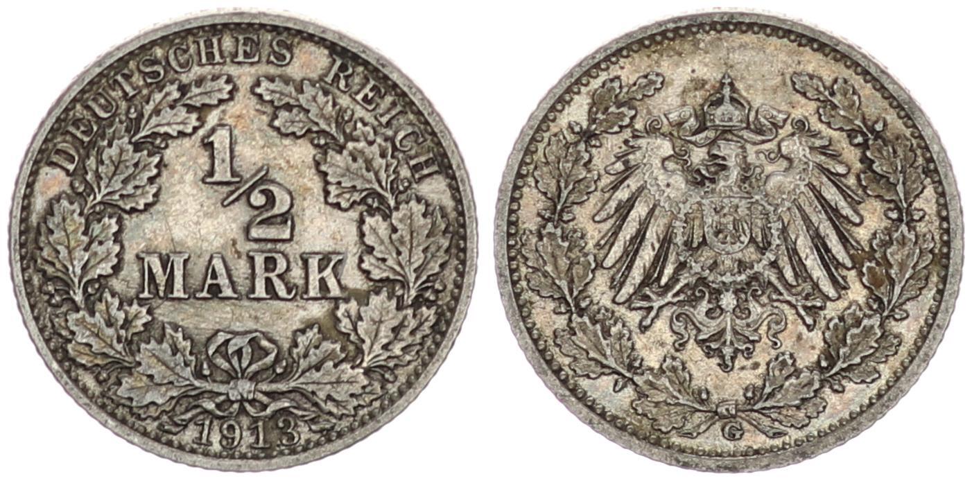 Deutsches Kaiserreich 1/2 Mark 1913 G Halbe Mark - Silber (2) ss-vz | MA-Shops