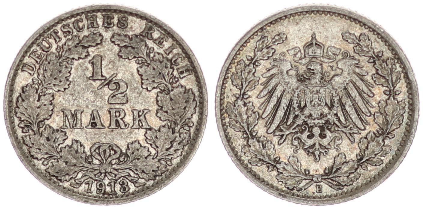 Deutsches Kaiserreich 1/2 Mark 1913 E Halbe Mark - Silber ss-vz | MA-Shops