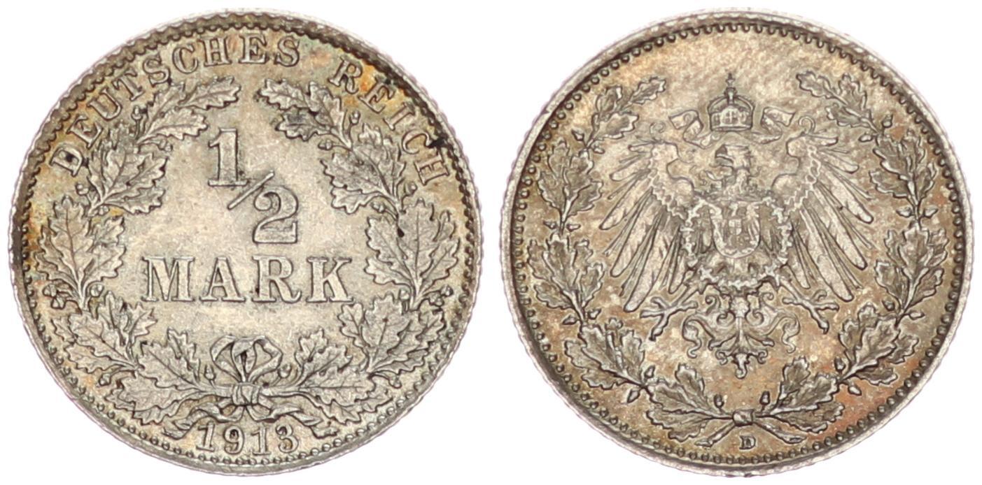 Deutsches Kaiserreich 1/2 Mark 1913 D Halbe Mark - Silber vz | MA-Shops