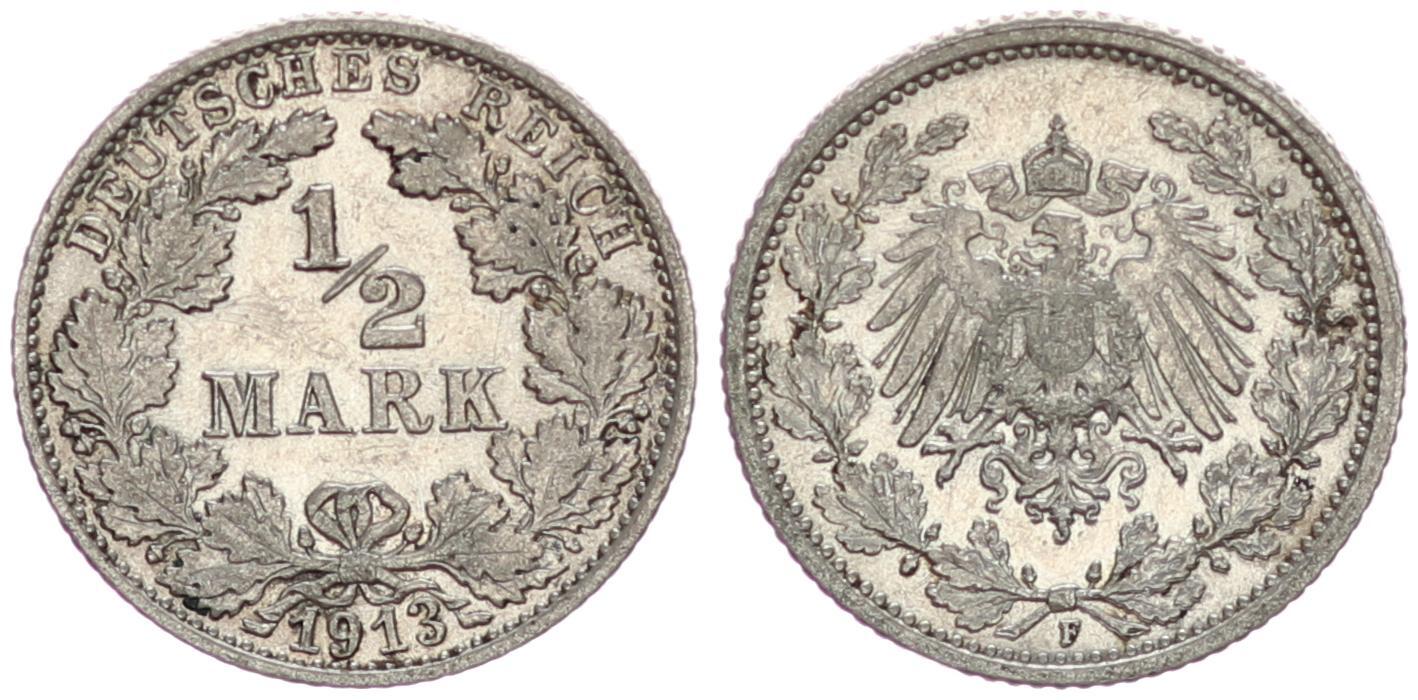 Deutsches Kaiserreich 1/2 Mark 1913 F Halbe Mark - Silber (4) vz | MA-Shops
