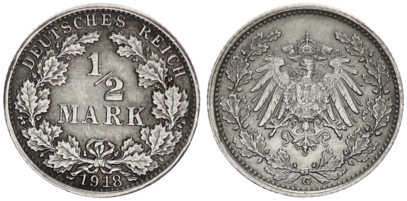 Deutsches Kaiserreich 1/2 Mark 1918 G Halbe Mark - Silber fast vz | MA-Shops