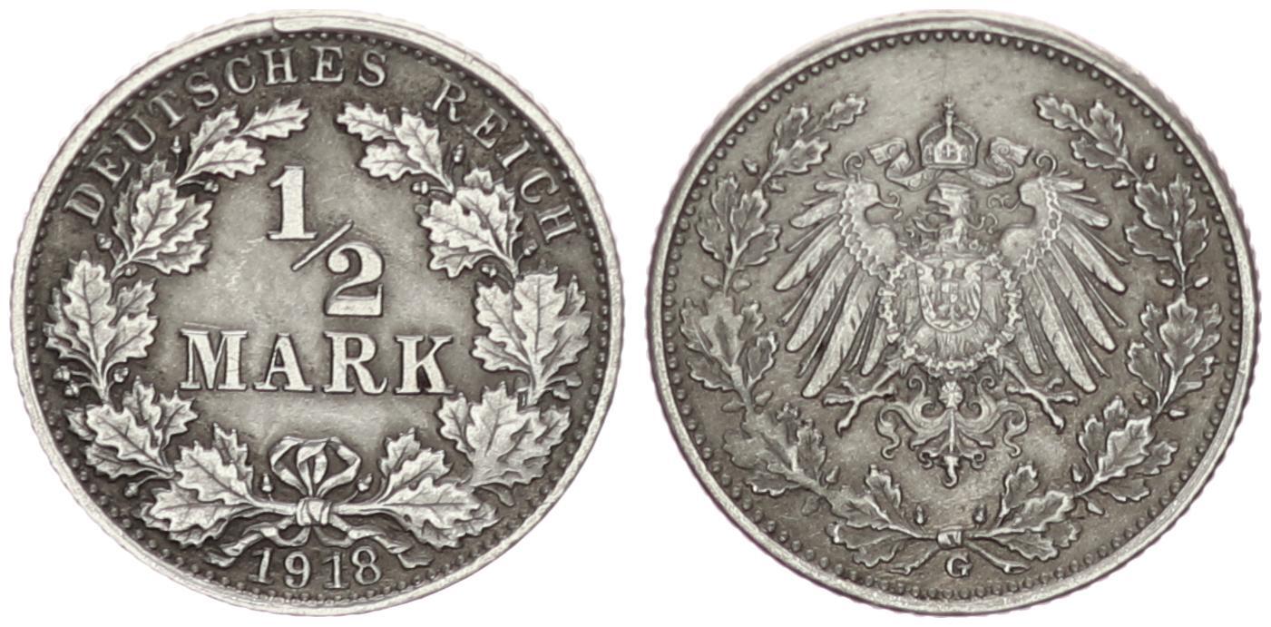 Deutsches Kaiserreich 1/2 Mark 1918 G Halbe Mark - Silber fast vz | MA-Shops