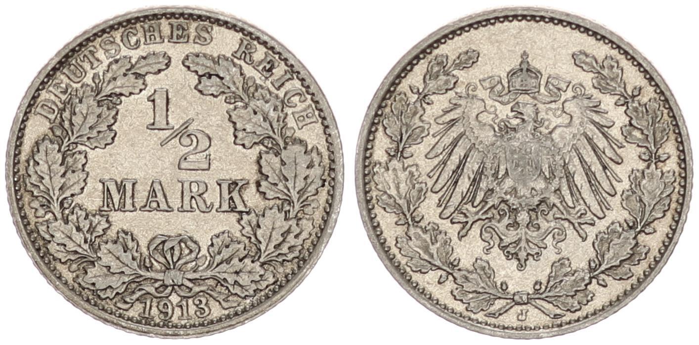Deutsches Kaiserreich 1/2 Mark 1913 J Halbe Mark - Silber (2) fast vz | MA-Shops