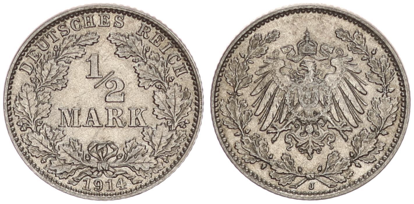 Deutsches Kaiserreich 1/2 Mark 1914 J Halbe Mark - Silber vz-st | MA-Shops