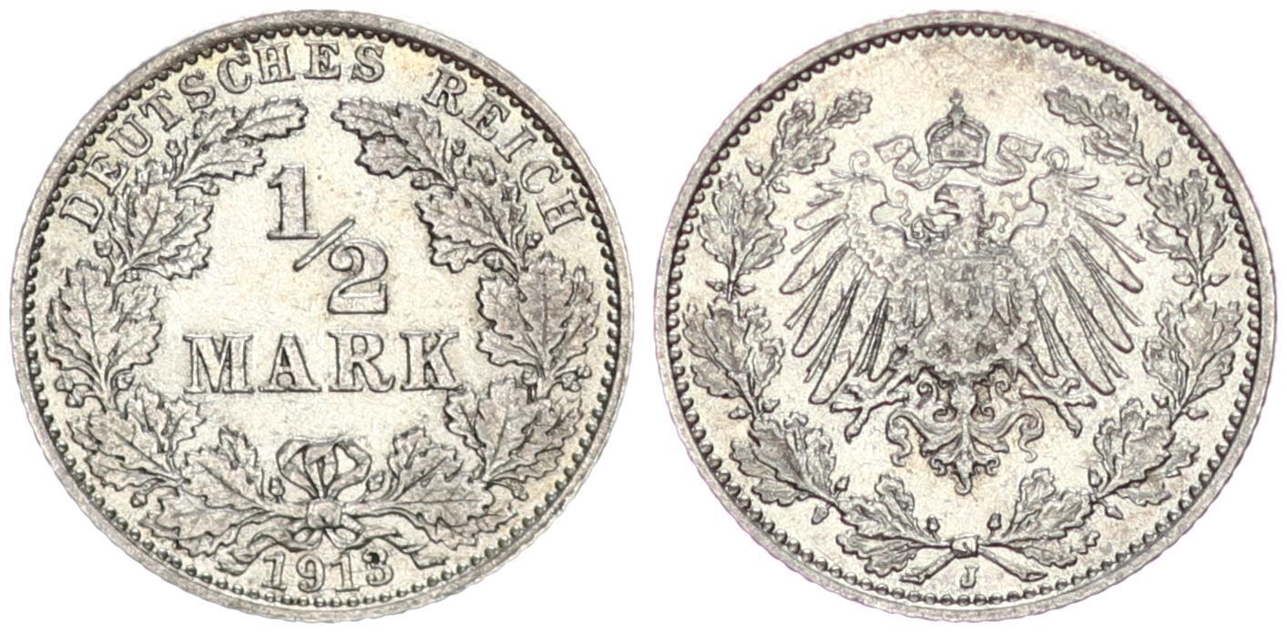Deutsches Kaiserreich 1/2 Mark 1913 J Halbe Mark - Silber (1) ss-vz | MA-Shops