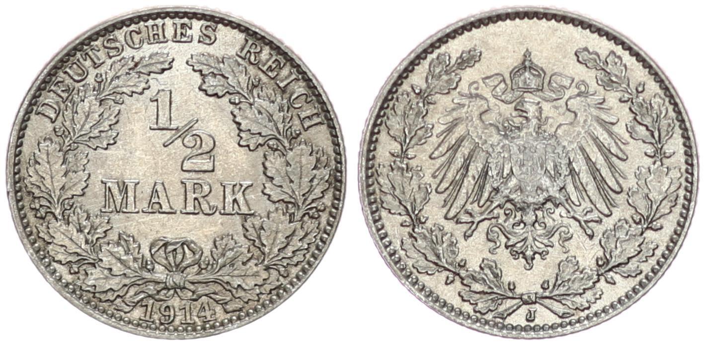 Deutsches Kaiserreich 1/2 Mark 1914 J Halbe Mark - Silber vz-st/prägefrisch | MA-Shops