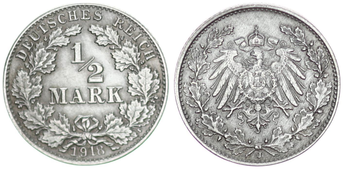 Deutsches Kaiserreich 1/2 Mark 1918 J Halbe Mark - Silber vz | MA-Shops