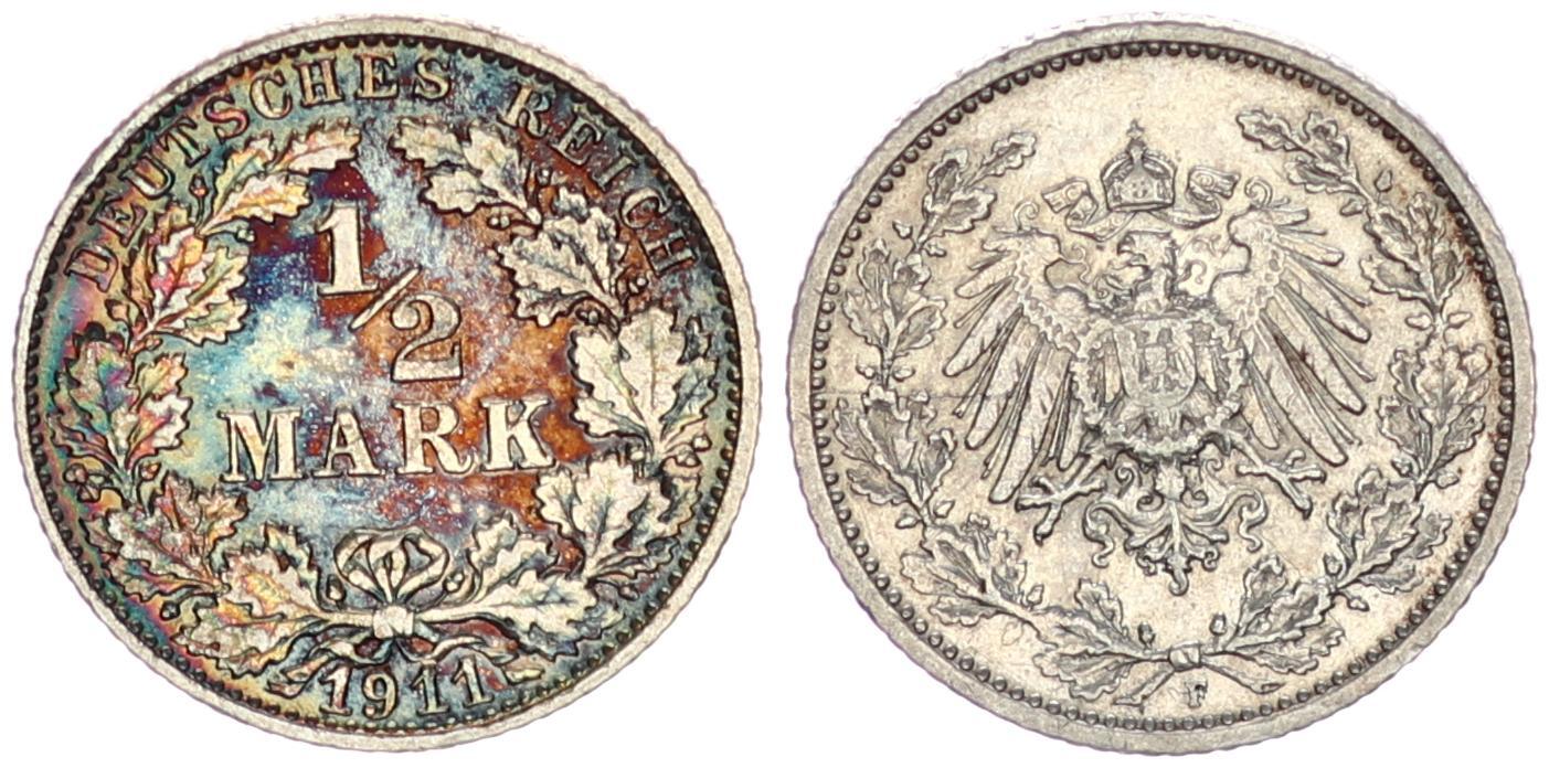 Deutsches Kaiserreich 1/2 Mark 1911 F Halbe Mark - Silber ss-vz, herrliche Patina | MA-Shops