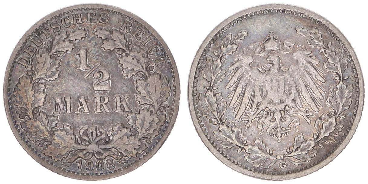 Deutsches Kaiserreich 1/2 Mark 1908 G fast ss | MA-Shops