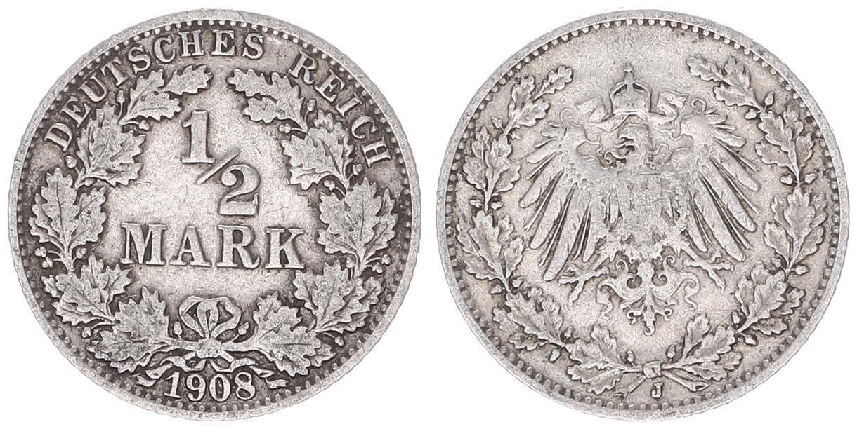 Kaiserreich Deutschland Deutsches Kaiserreich, 1/2 Mark Silber 1908 J ss | MA-Shops