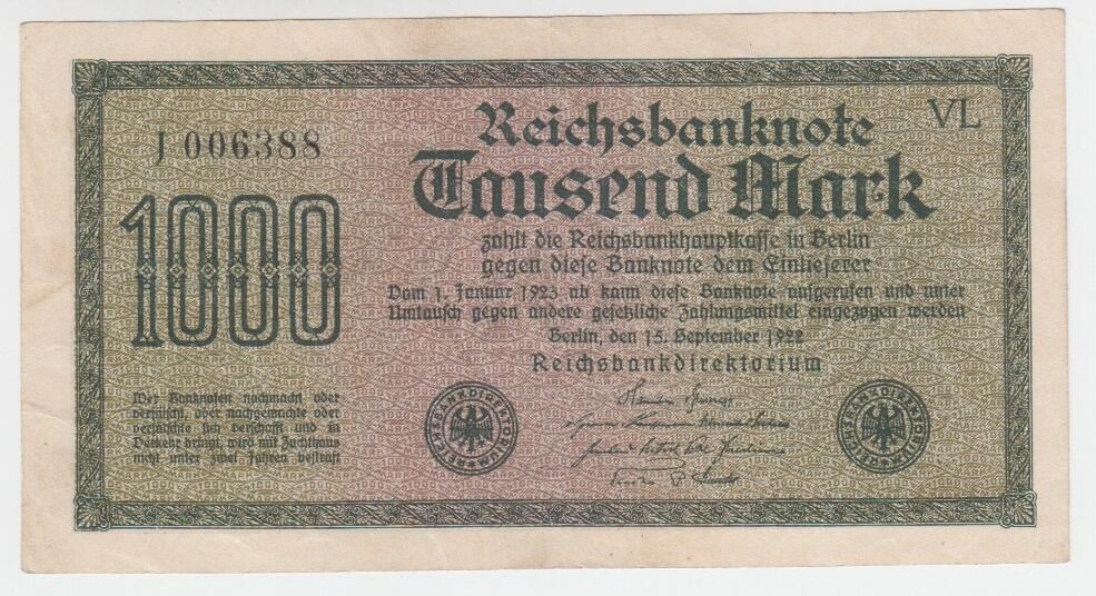 Deutschland 15. September 1922 1000 Mark Reichsbanknote von 1922 fast ...